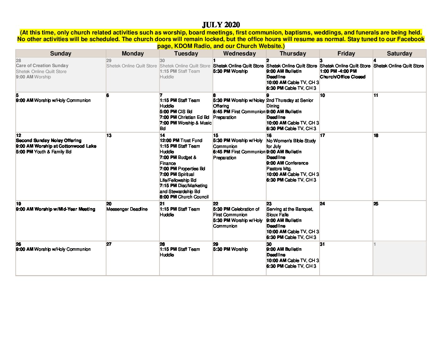 EVENTS - American Lutheran Church of Windom, MN
